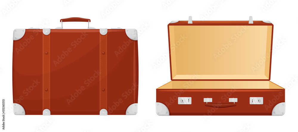 Open and closed Retro Leather Suitcase With Metal Corners, Belts and ...