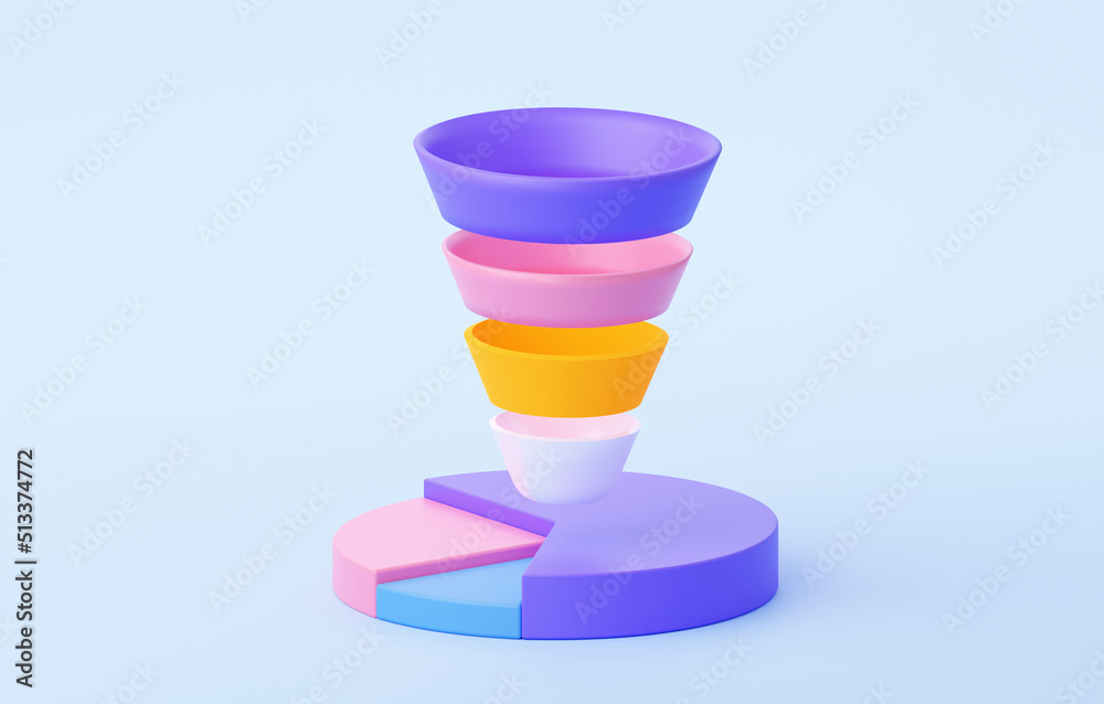 3d funnel with a pie chart. The concept of the funnel design in a ...