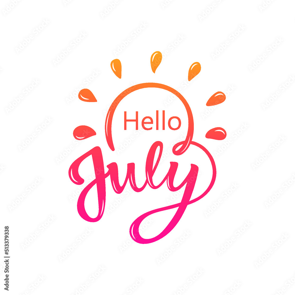 Hello July handwritten text. Trendy script lettering design Modern ...