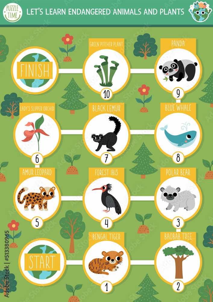 Ecological dice board game for children with endangered animals and ...