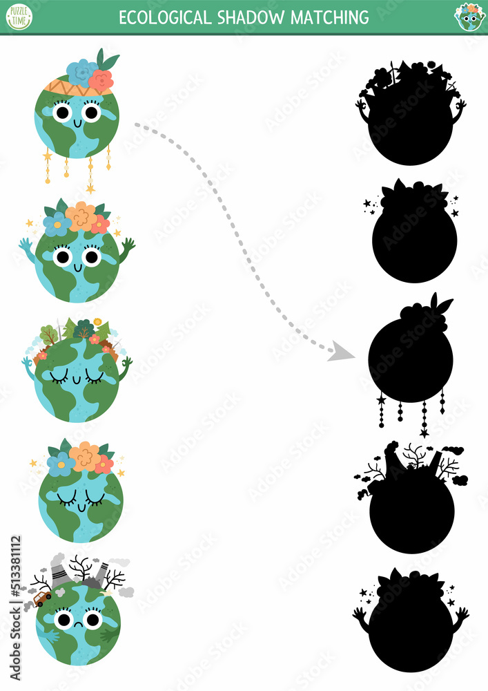 Ecological shadow matching activity with cute planets. Earth day puzzle ...