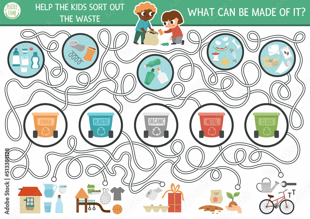 Ecological maze for children with kids sorting out the rubbish. Earth ...