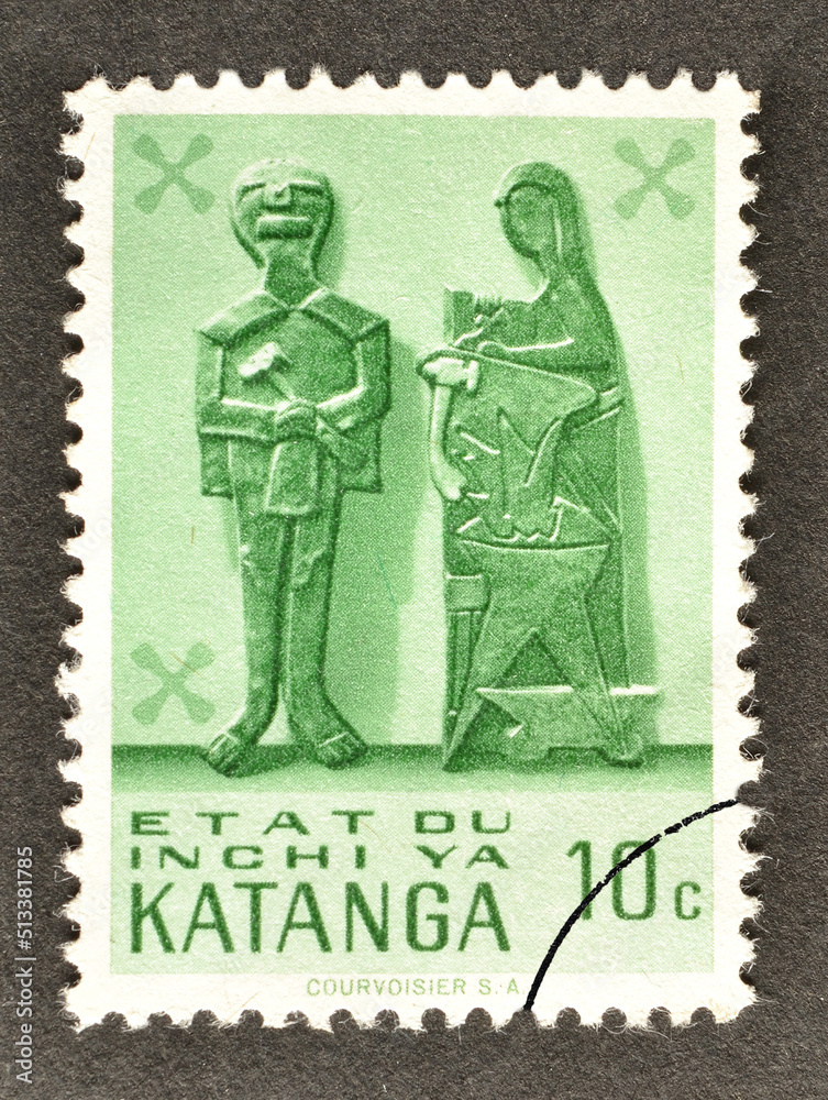 Cancelled postage stamp printed by Katanga, that shows Family group ...