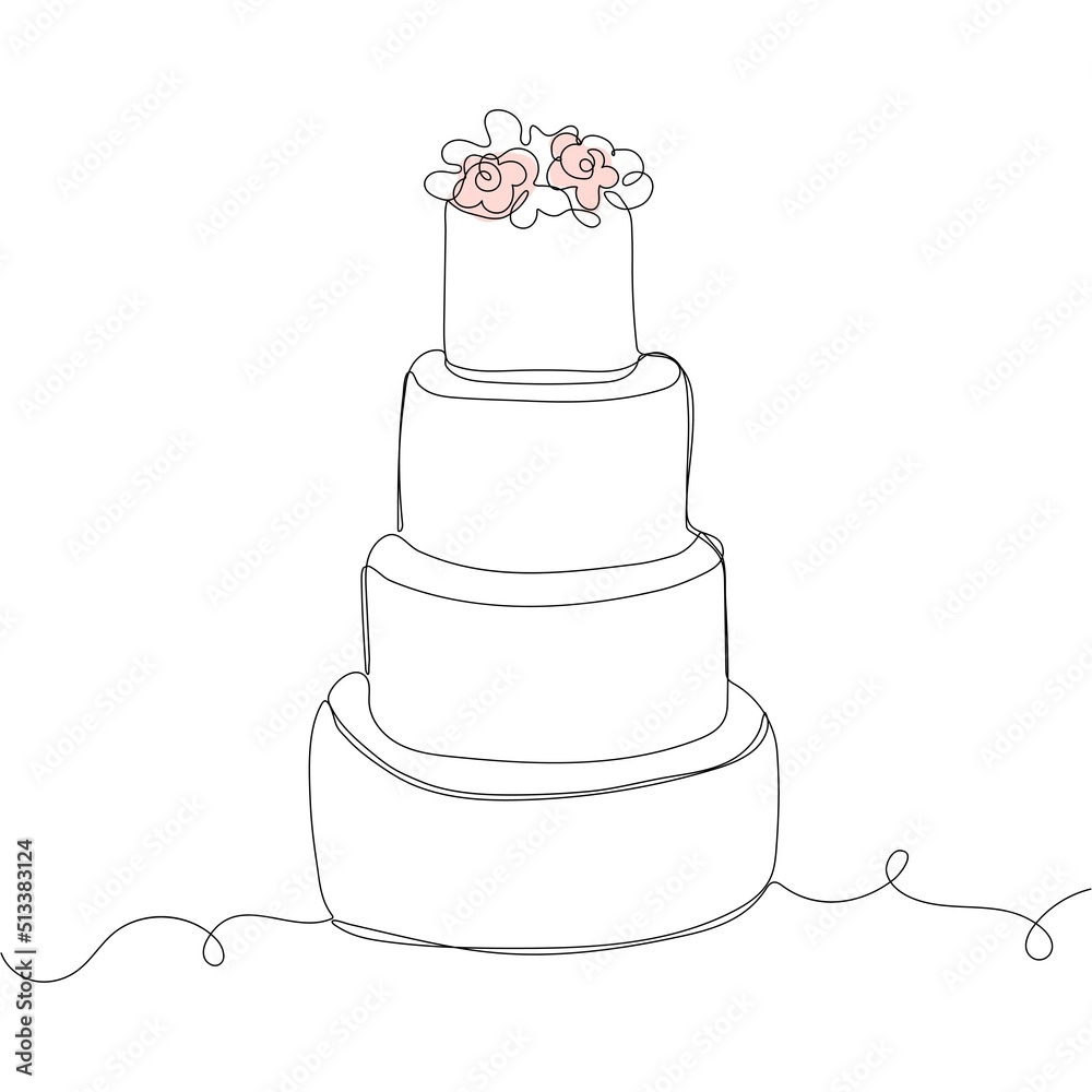Single line drawing of a cake with flowers. Birthday party and wedding ...