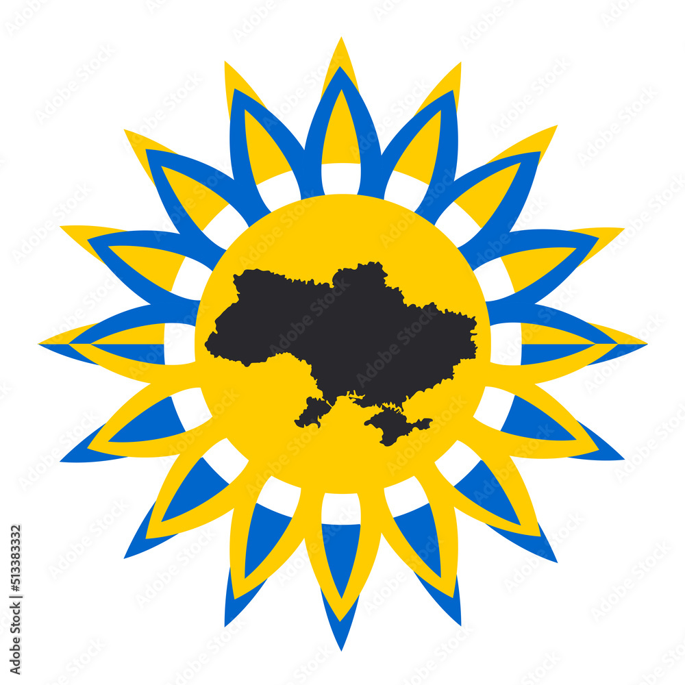 Sunflower on a white background with a map of Ukraine inside. The ...