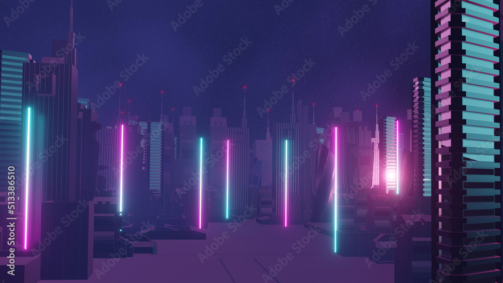3d render of Cyber night city landscape concept. Light glowing on dark ...
