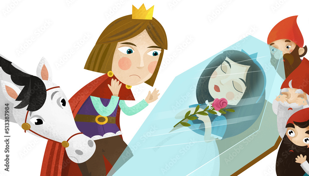 cartoon scene with prince and princess magical sleeping and dwarfs ...