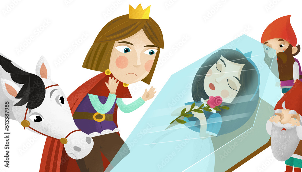 cartoon scene with prince and princess magical sleeping and dwarfs ...