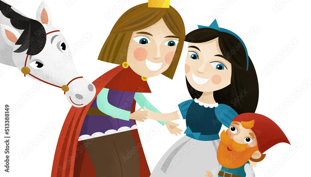 cartoon scene with prince and princess and dwarfs illustration Stock ...