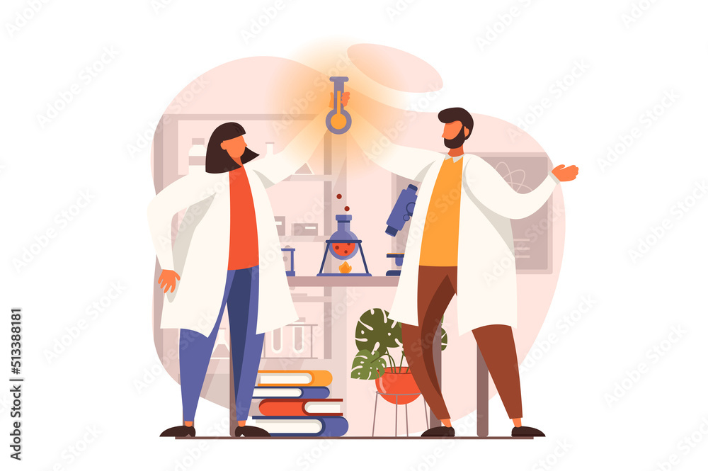 Science laboratory web concept in flat design. Woman and man make ...