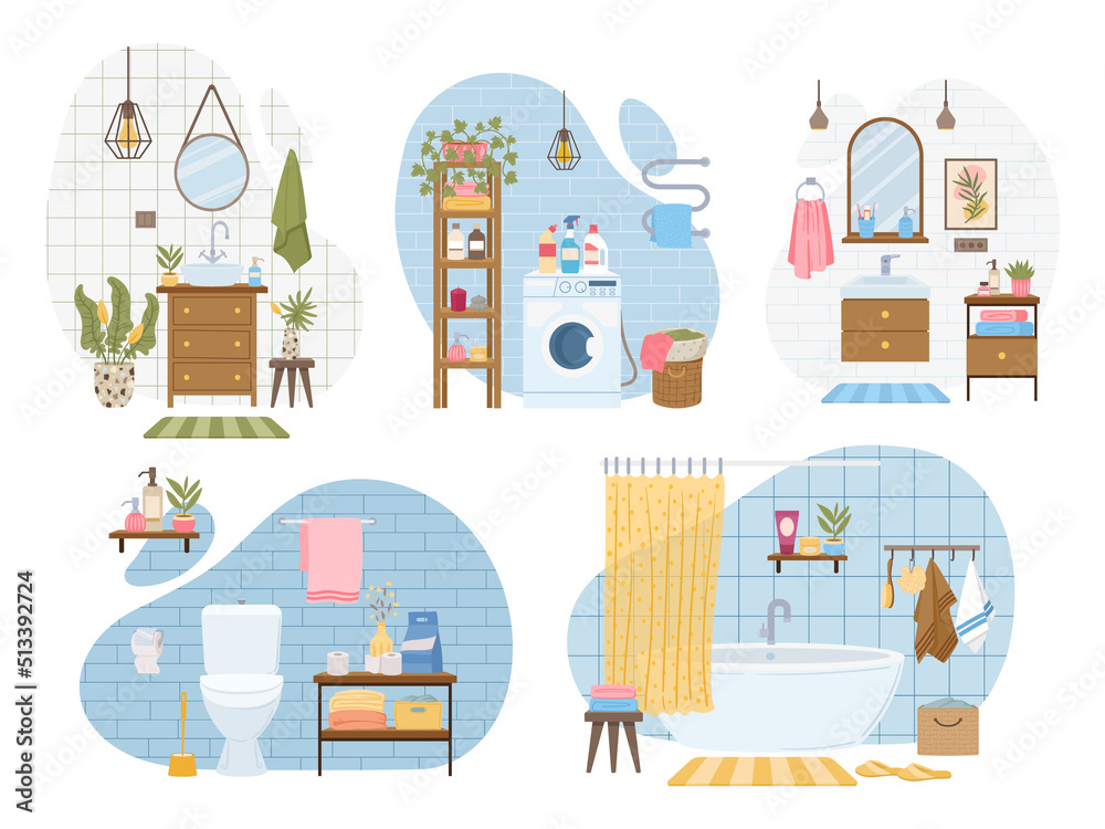 Cartoon bathroom and washroom interiors, modern bathroom with bathtub ...