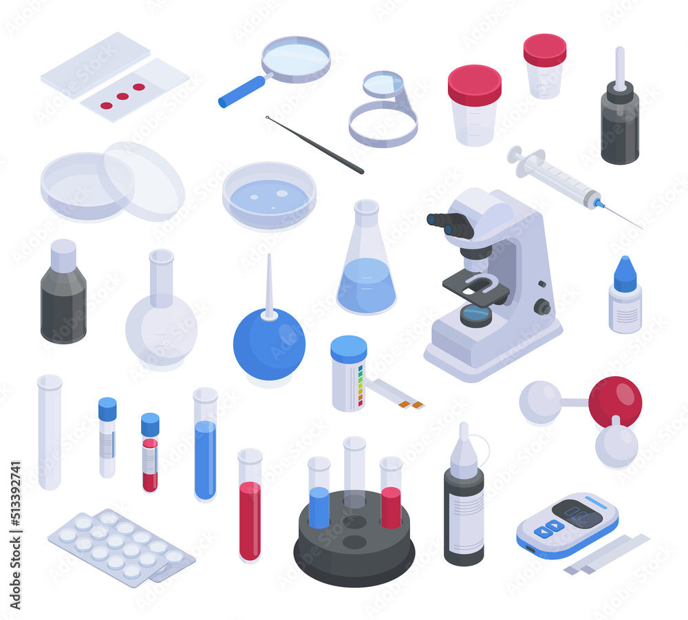 Isometric medical laboratory elements, microscope, magnifying glass and ...