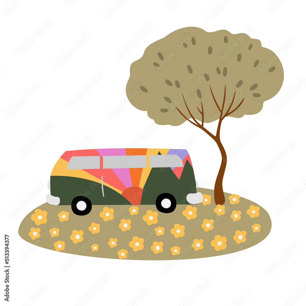 hippie bus vector illustration clipart, groovy hippy van road trip clip ...