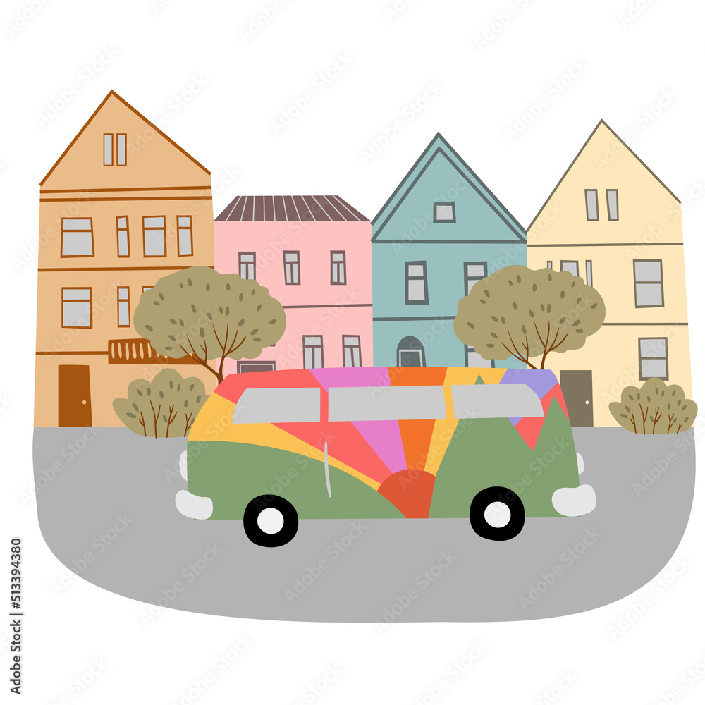 hippie bus in city vector illustration clipart, groovy hippy van road ...