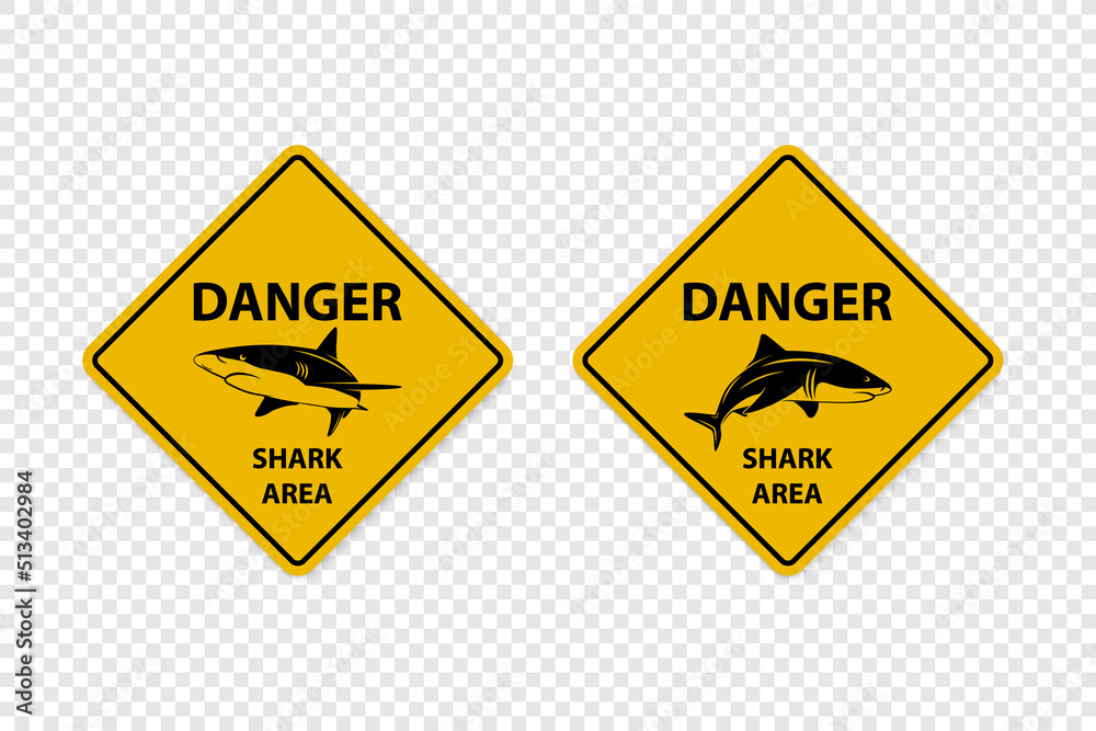 Vector Yellow Shark Sighting Sign Set Isolated. Shark Attack Warning. Danger for Surfing and ...