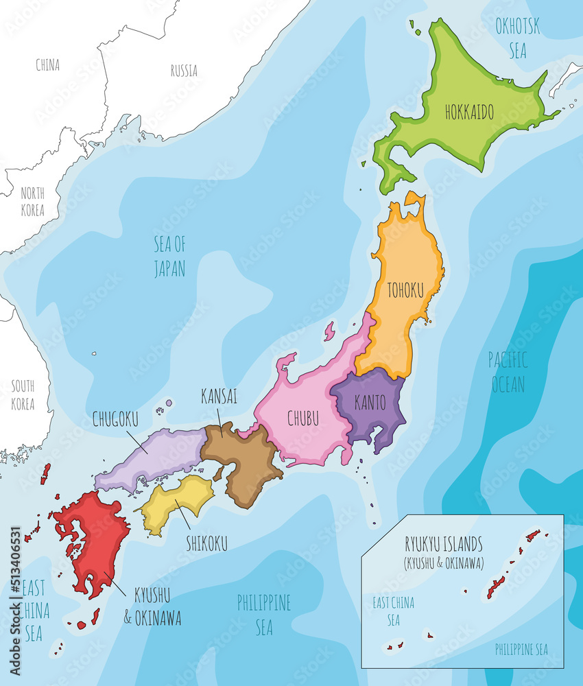 Vector illustrated map of Japan with regions and administrative ...