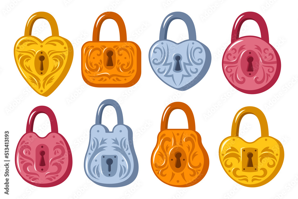 Vetor de Lock various shapes vintage cartoon set. Old padlock for ...