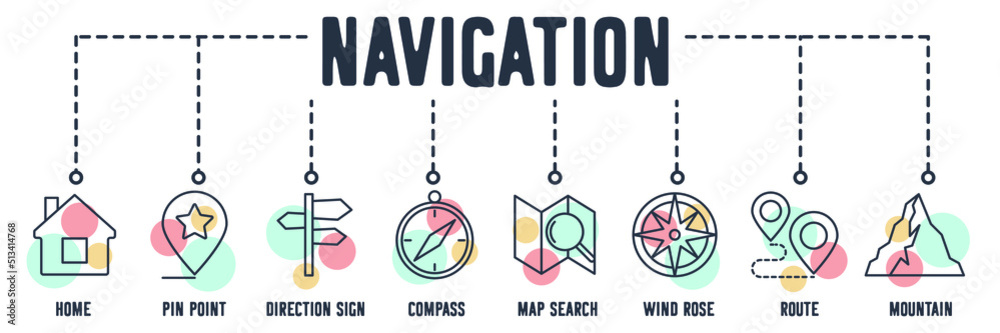 Navigation banner web icon. home, pin point, direction sign, compass ...