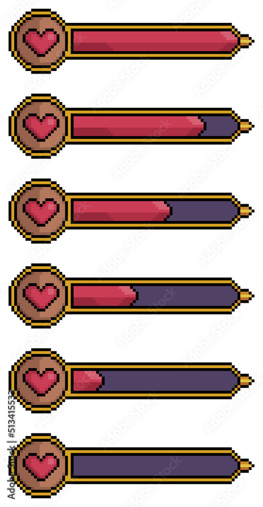 Pixel art life bar. Progressive health bar vector icon for 8bit game on ...