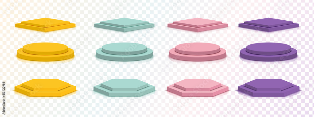 Set of Yellow, Green, Pink, and Purple geometric podium. Collection of ...