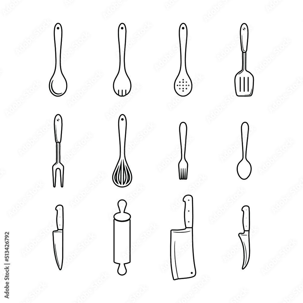 Set of kitchen utensil doodle on white isolated background Stock Vector ...