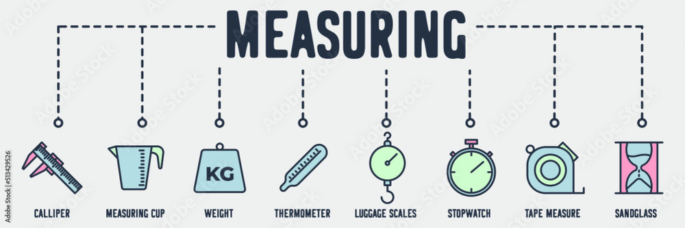 Measuring banner web icon. calliper, measuring cup, weight, thermometer ...