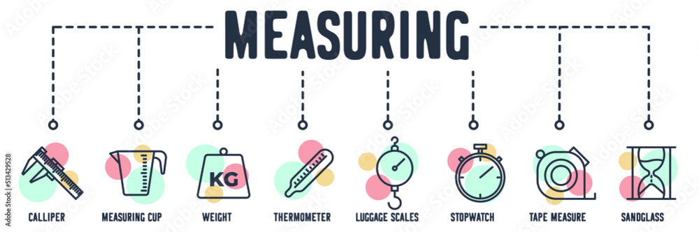 Measuring banner web icon. calliper, measuring cup, weight, thermometer ...