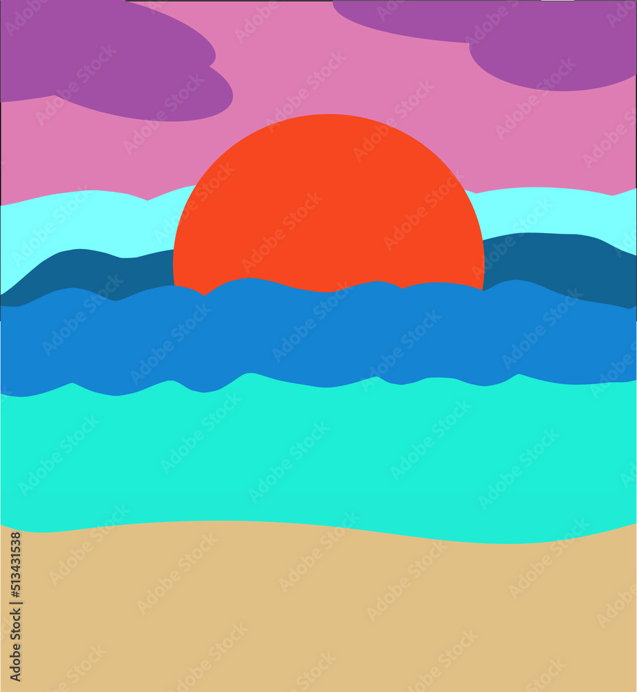 Vector Sunrise Sunset Beach Scene Flat Art 2D Illustration Stock Vector ...