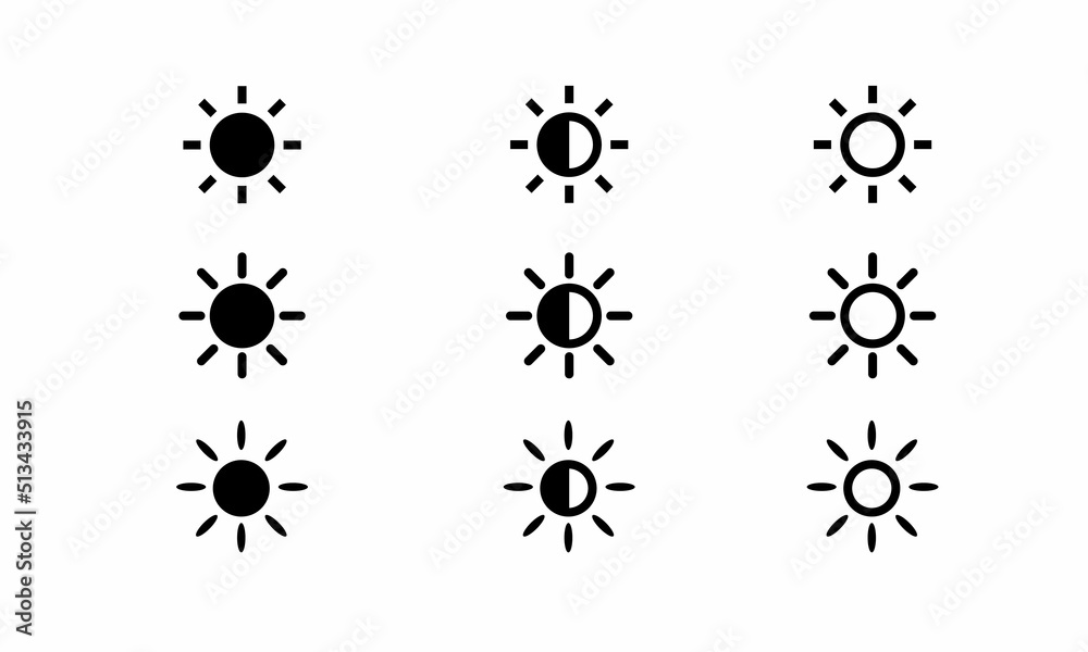 Brightness control icons set. Brightness icons with varying levels on ...