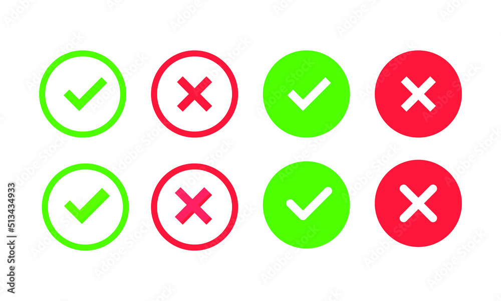 yes and no buttons. Green check mark and red cross icon. Set of simple icons in flat style ...
