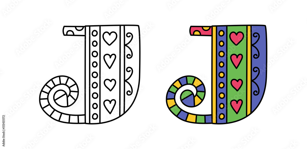Doodle letter J. Hand drawn line ABC. Sketch alphabet. Kids ...