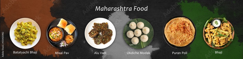Maharashtra food banner with Indian flag colors over black background ...