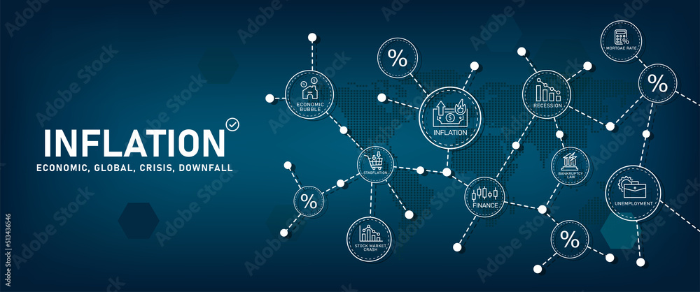 Global inflation due to pandemic world map inflation icon graph showing ...