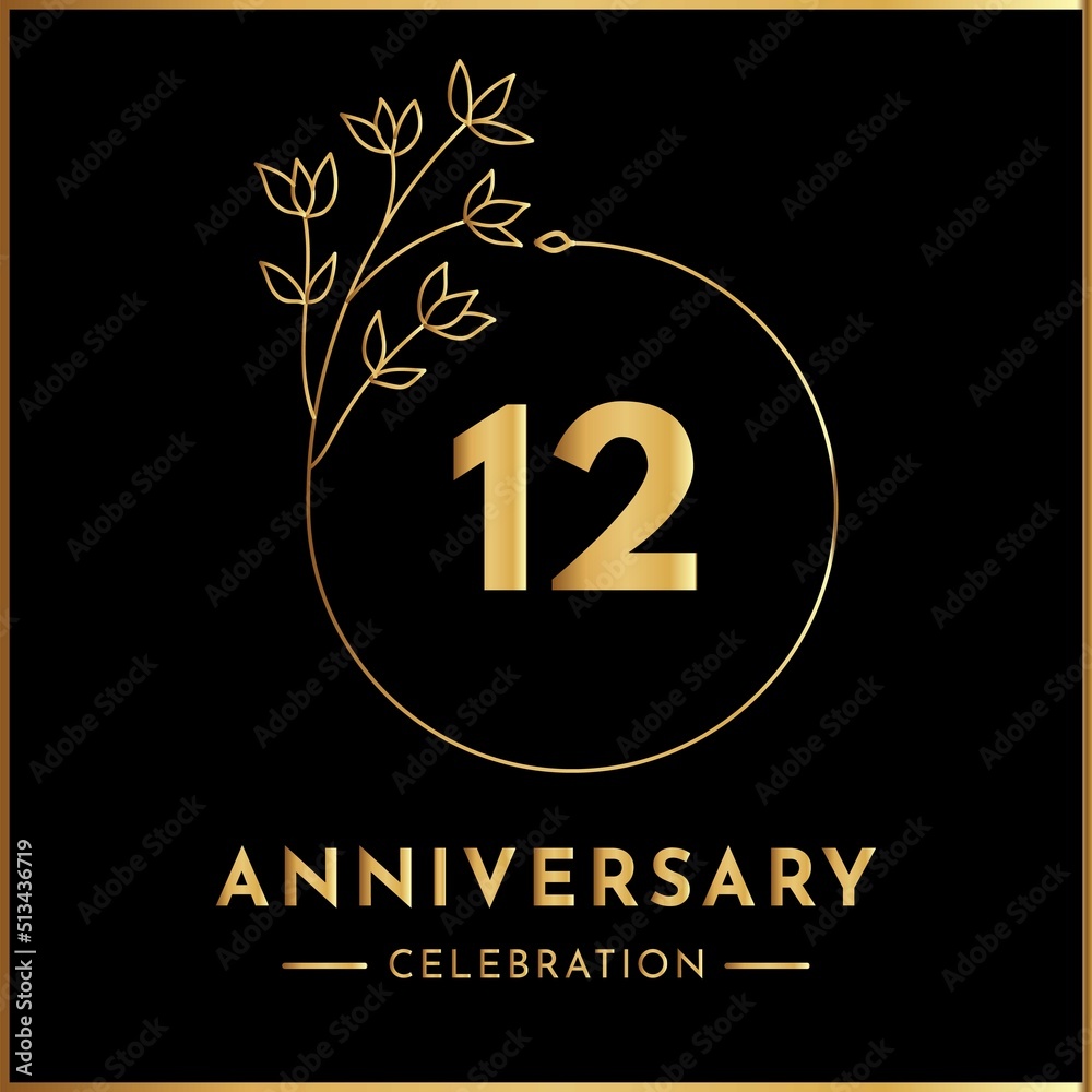 12 years anniversary celebration with golden floral frame isolated on ...