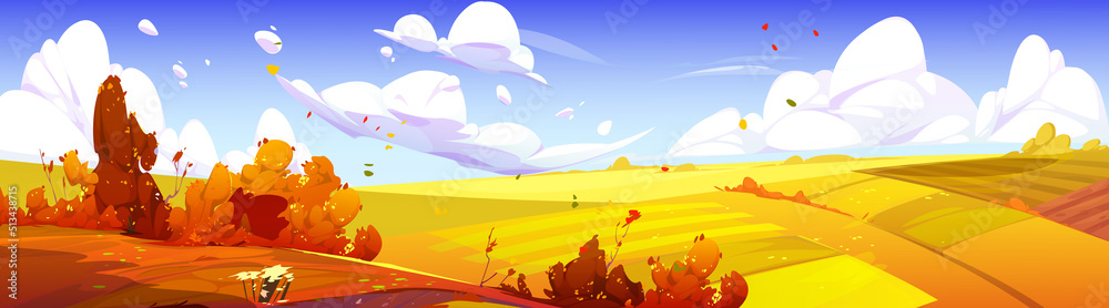 Autumn landscape with orange agriculture fields. Vector cartoon ...