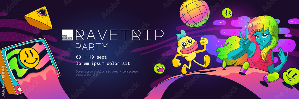 Psychedelic rave trip party banner template, blue girl with colorful ...