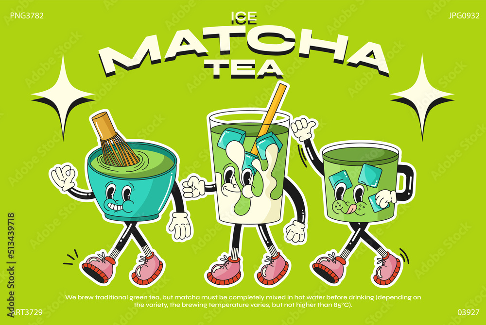 Cartoon characters matcha drink in retro style , doodle funny colorful ...