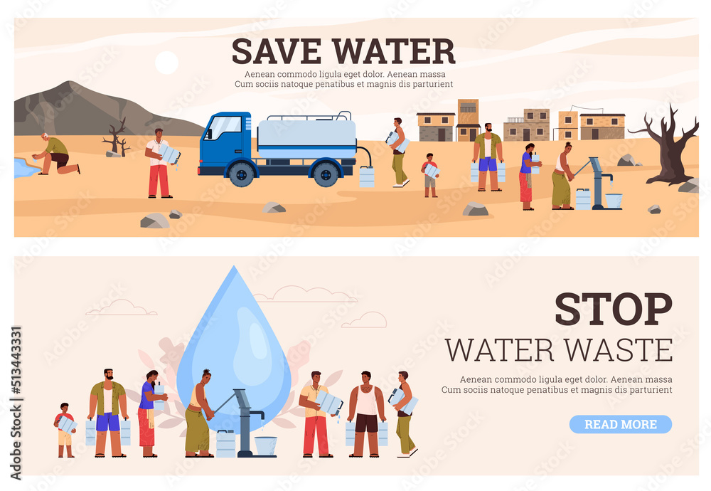 Water waste and scarcity posters set, flat vector illustration. Stock ...