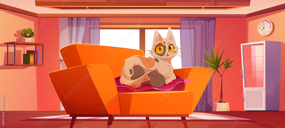 Living room with cute cat lying on pillow on sofa. Vector cartoon ...