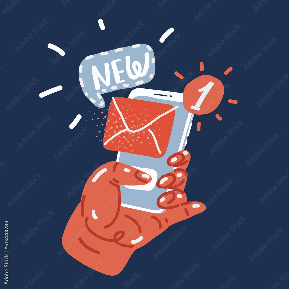 Cartoon vector illustration of Hand holding smartphone with new message ...