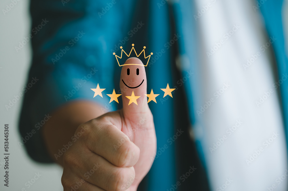 Customer satisfaction concept. thumb up Positive emotion smile face and ...