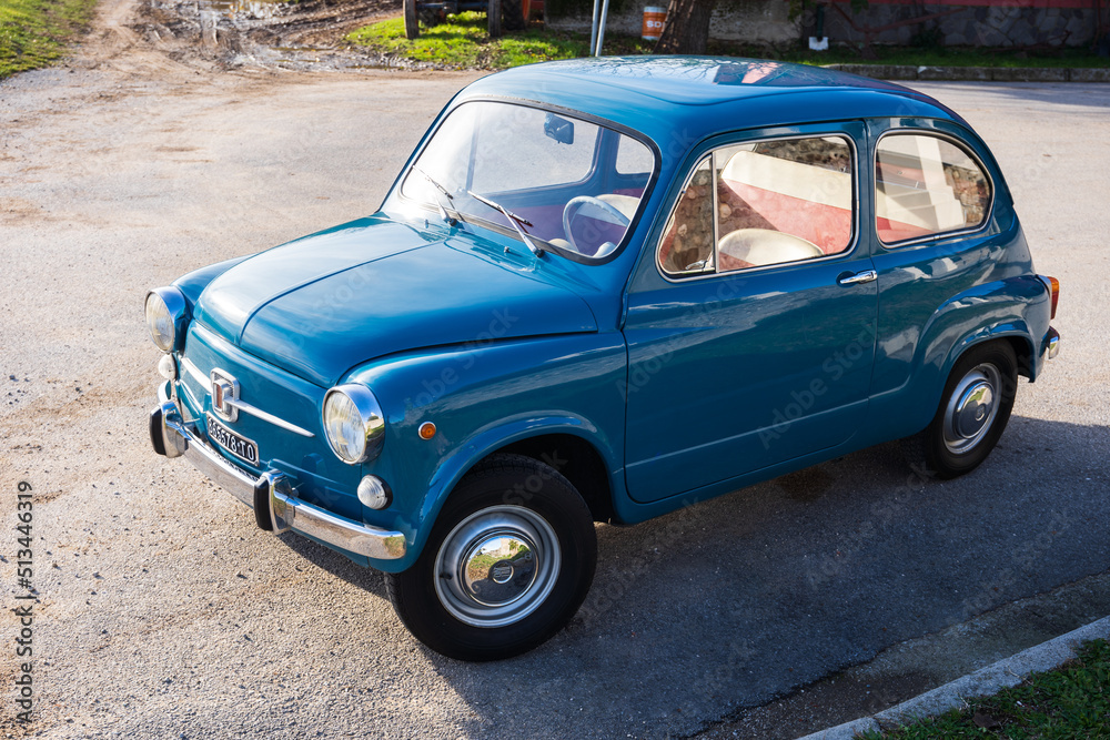 Udine, Italy. December 11, 2021 Italian vintage car Fiat 600 front and ...