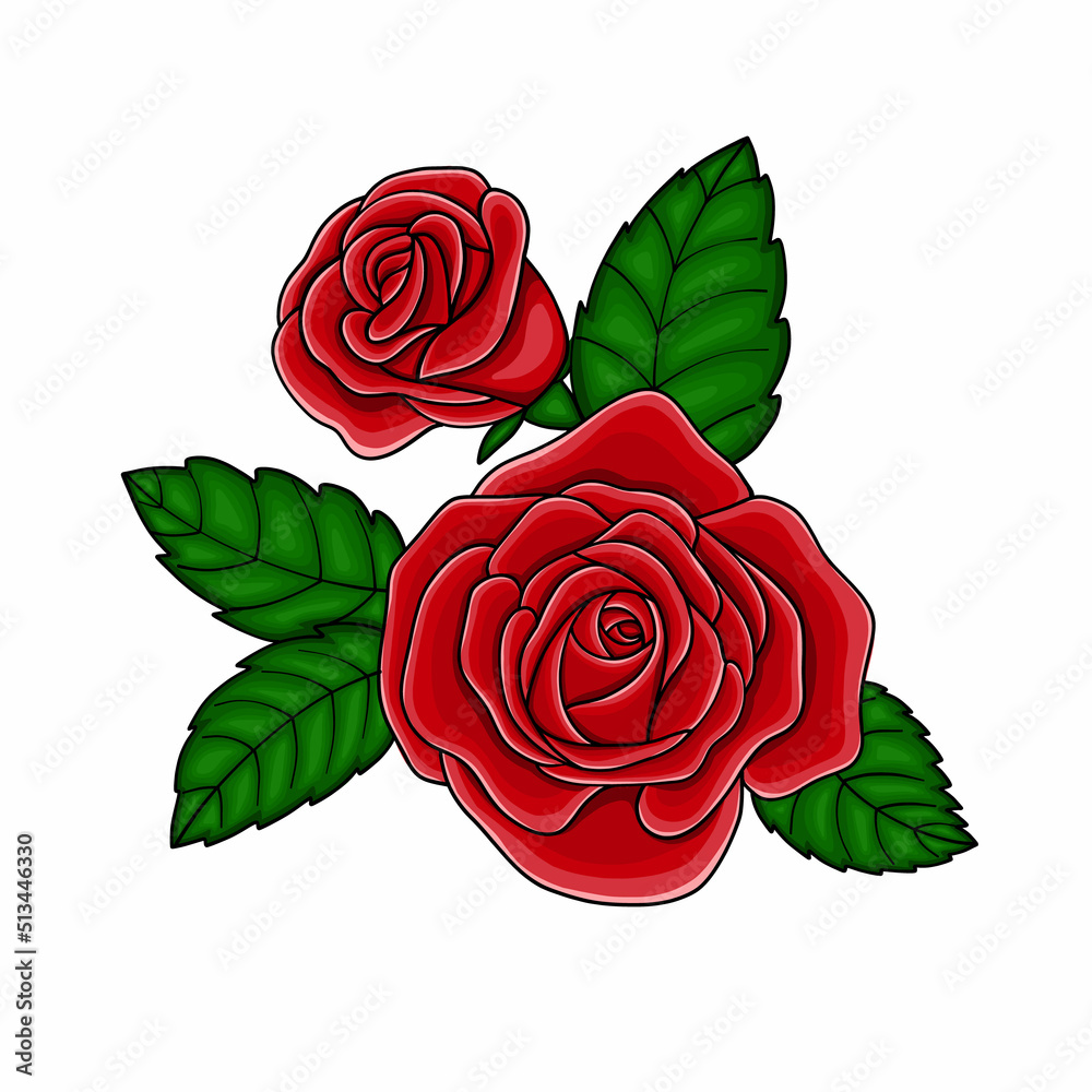 Red rose flower with leaves, hand drawn vector illustration for clip ...
