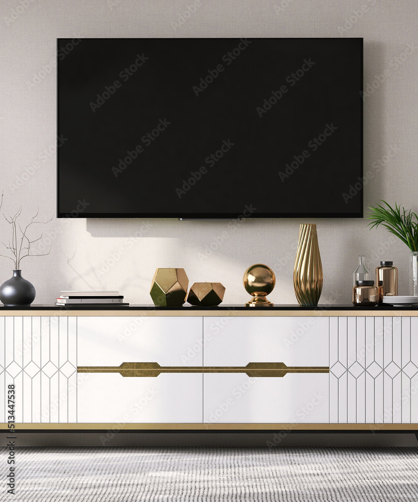 Realistic 3D render flat screen smart tv in modern luxury living room ...