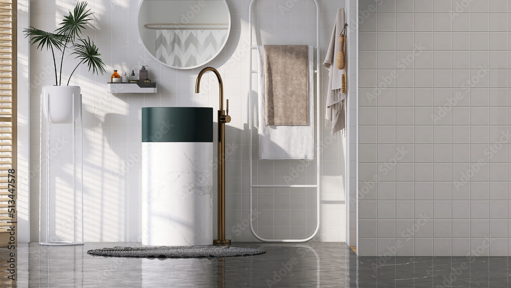 Realistic 3D render modern minimal bathroom interior with stylish wash ...