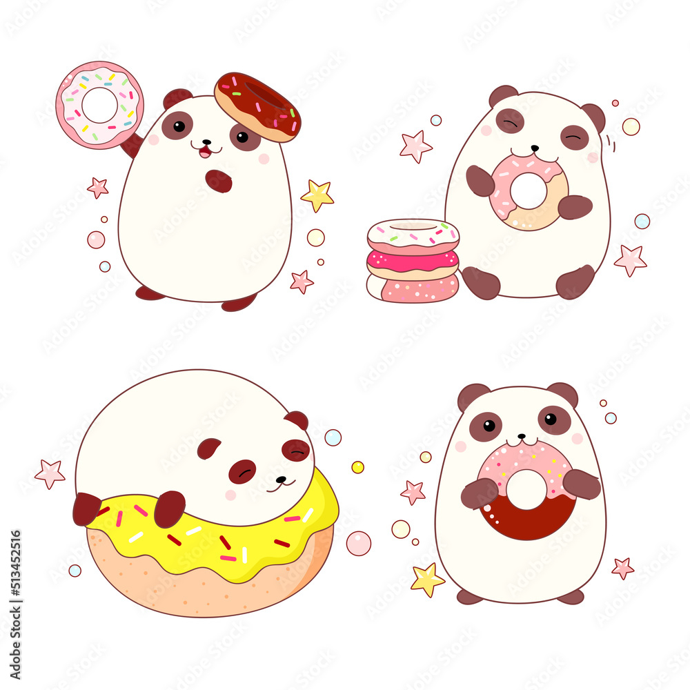 Set of cute little pandas with donuts. Collection of lovely fat pandas ...