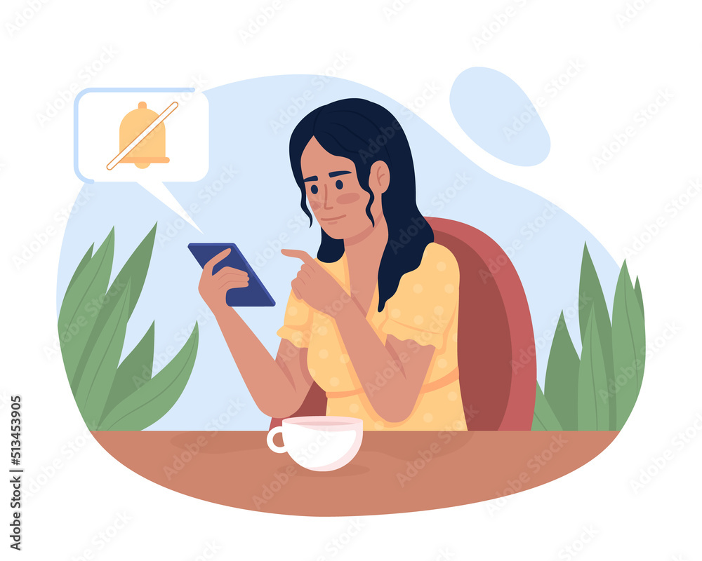 Woman turning off notifications on phone 2D vector isolated ...