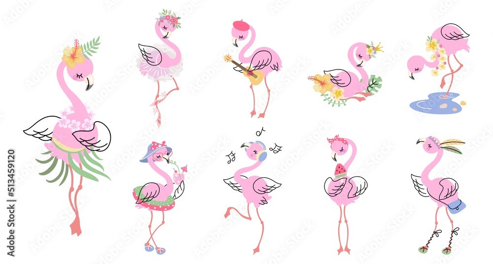 Cartoon pink flamingo. Isolated flamingos birdie, summer clipart with ...