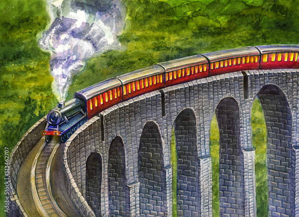 The train travels by rail, suspension bridge, viaduct, overpass ...