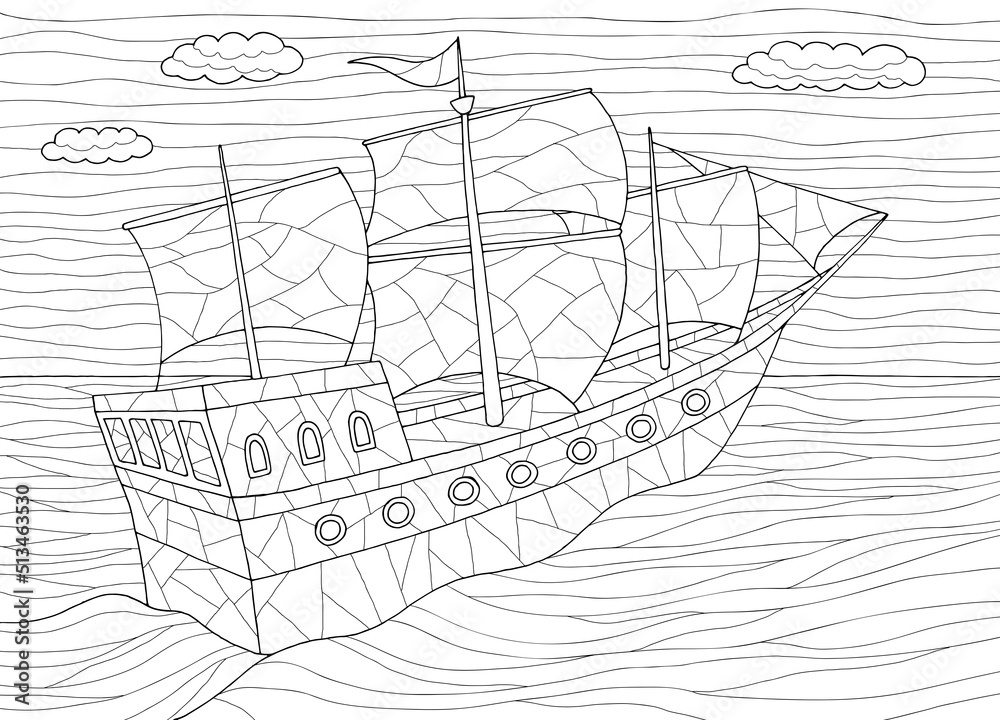 Sailing ship coloring graphic black white sea sketch illustration ...